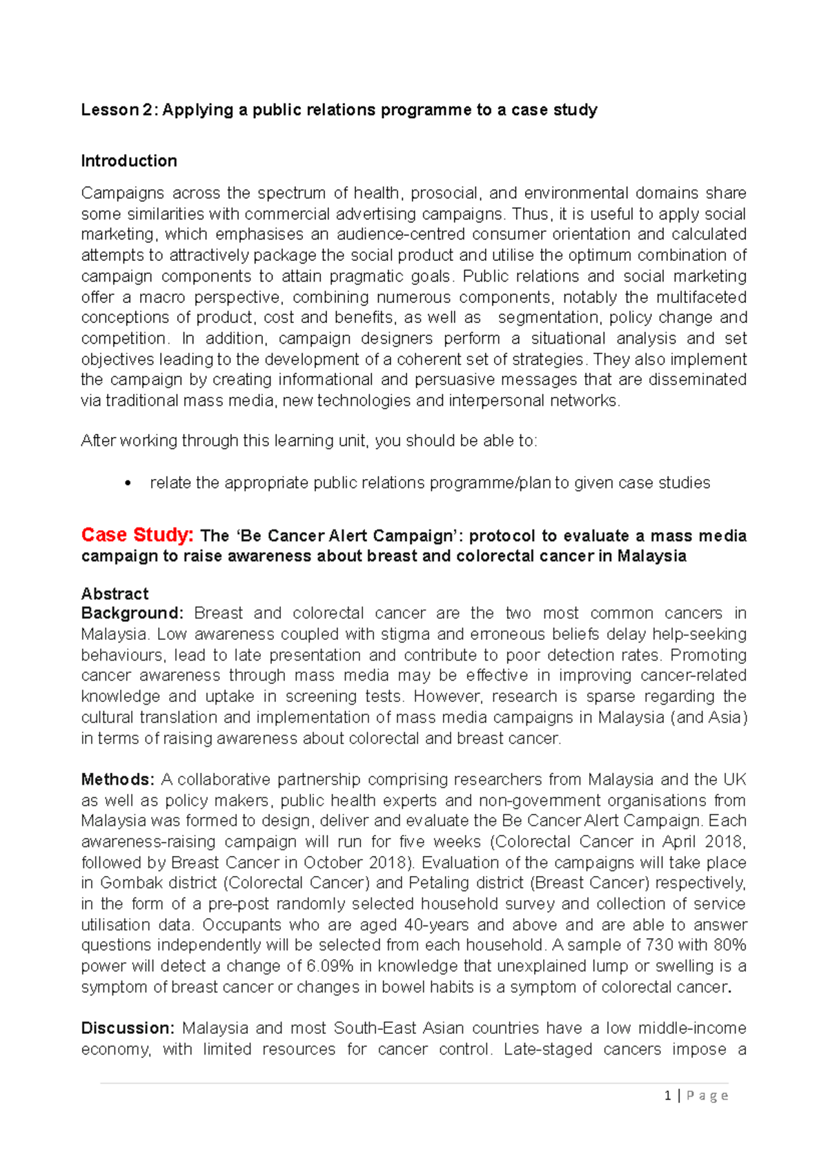 Case Study 2 Be Cancer Alert Campaign - Lesson 2: Applying a public ...