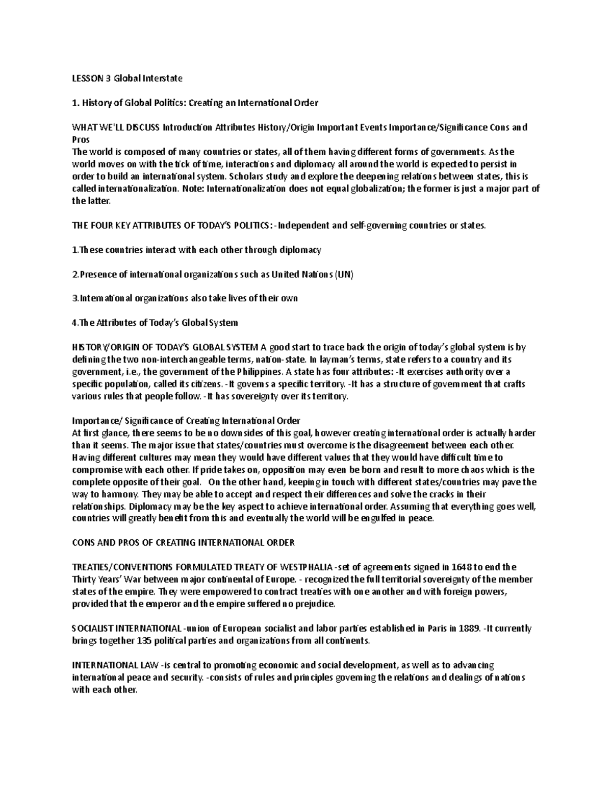 Lesson 3 1. International Order - LESSON 3 Global Interstate History of ...