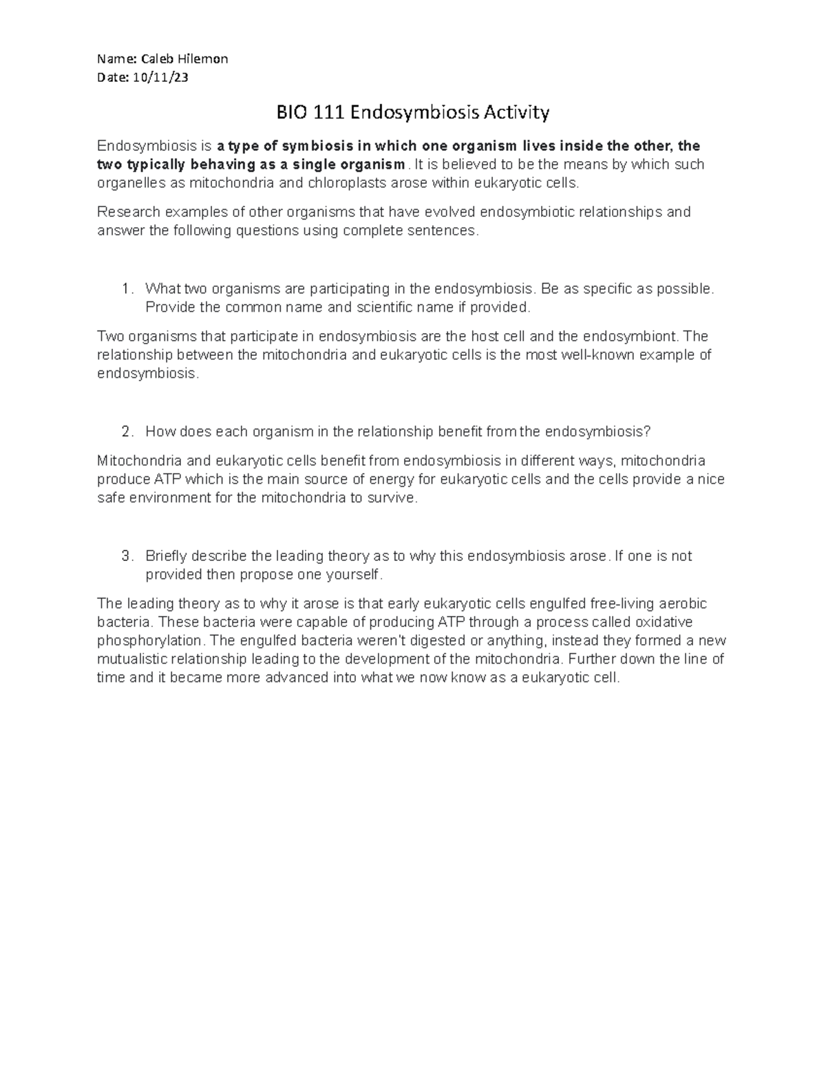 Endosymbiosis Participation Activity 2 - Name: Caleb Hilemon Date: 10 ...