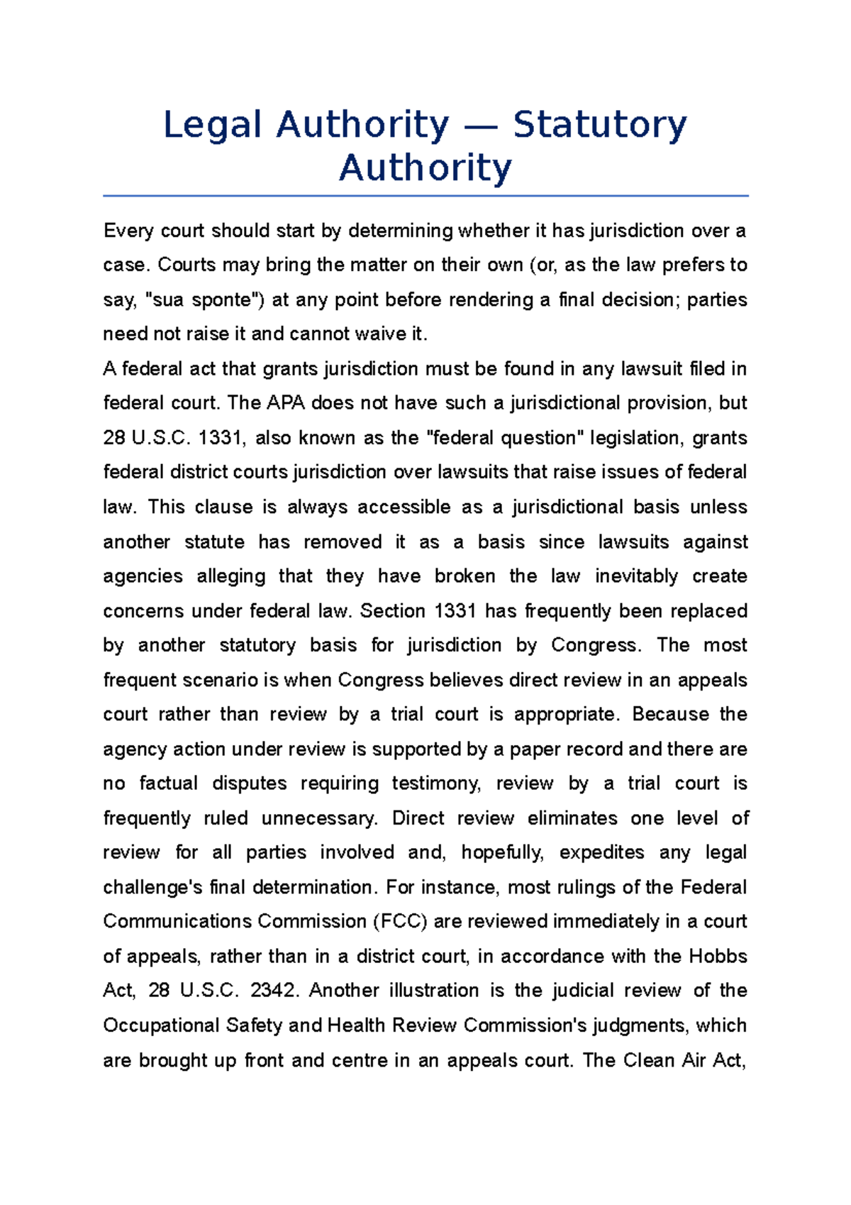 Brief Note on Legal Authority — Statutory Authority - Legal Authority ...