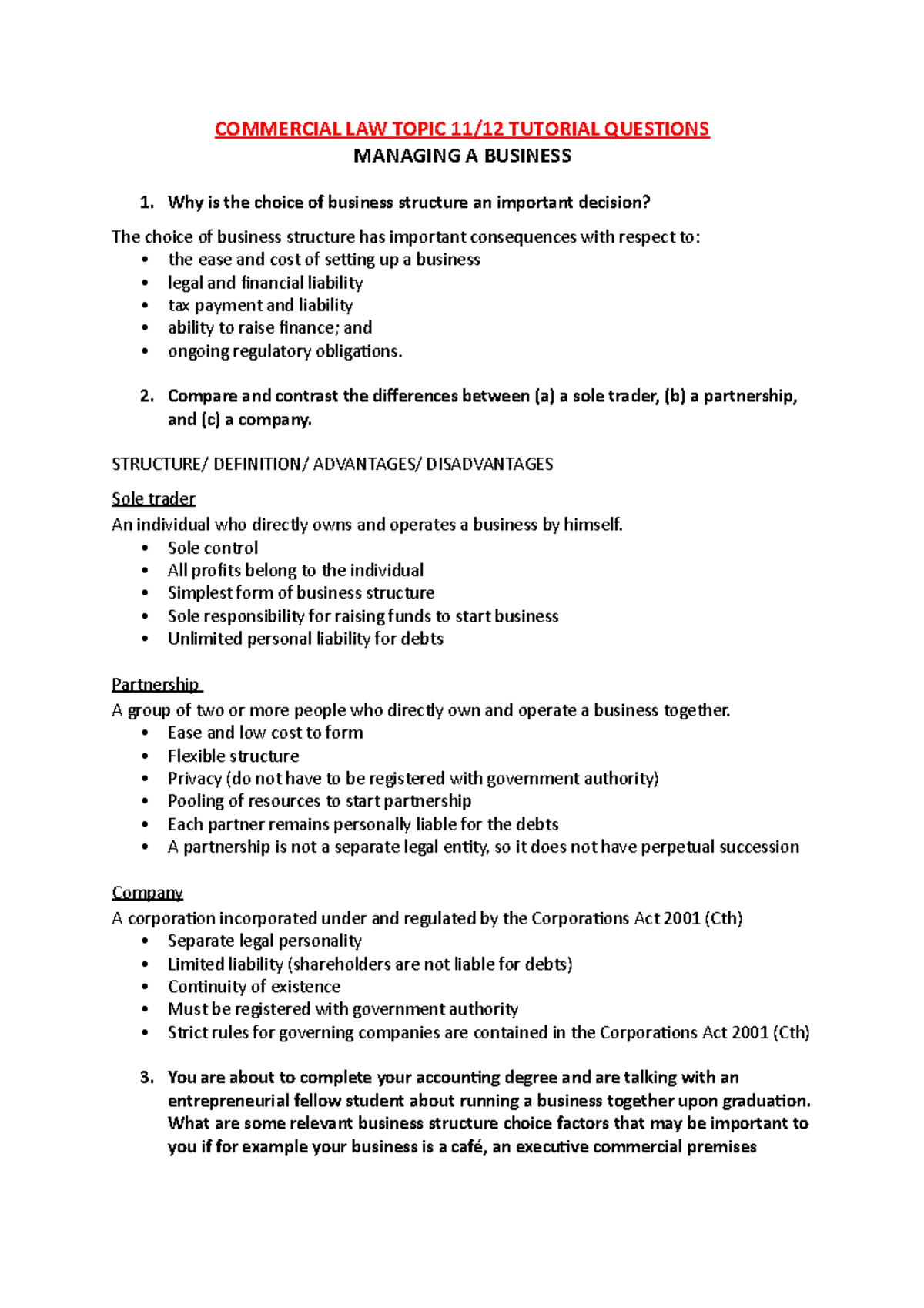 Week 11:12 In class Questions - Managing a Business - COMMERCIAL LAW TOPIC 11/12 TUTORIAL ...