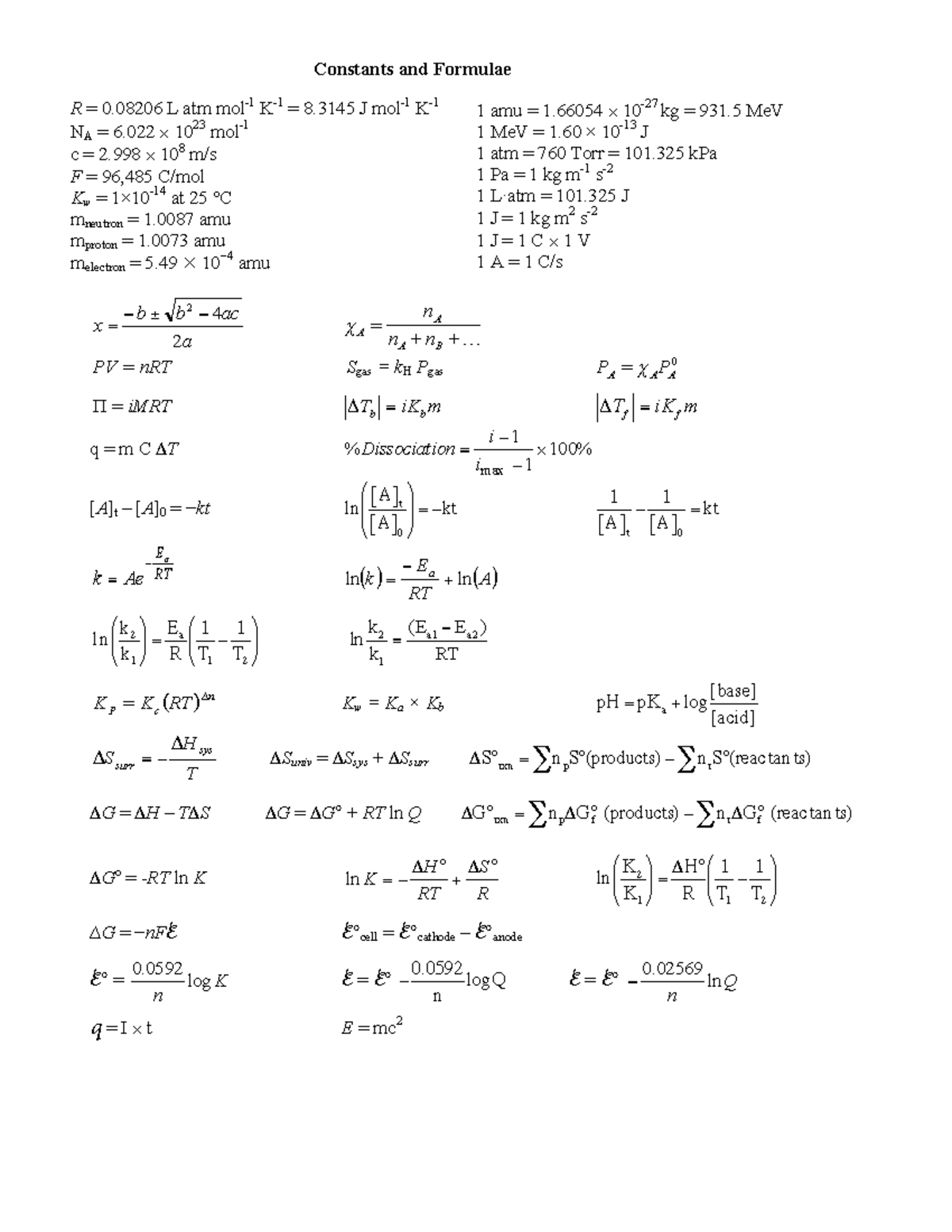 Formula Sheet needed for exams and other coursework - Constants and ...
