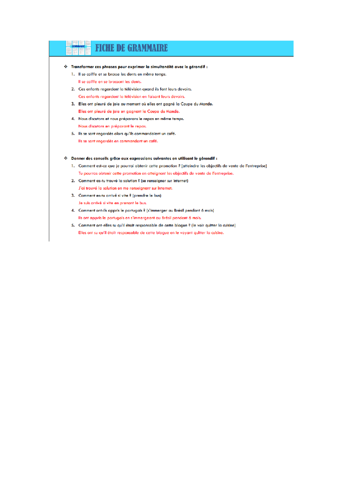 Exercices Gérondif Cap sur le FLE - francés iii - Studocu