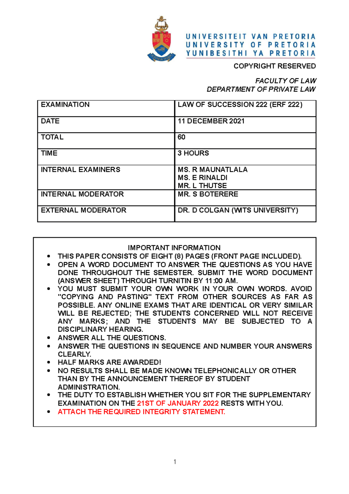 Final EXAM 2021 UP - EXAM - COPYRIGHT RESERVED FACULTY OF LAW ...