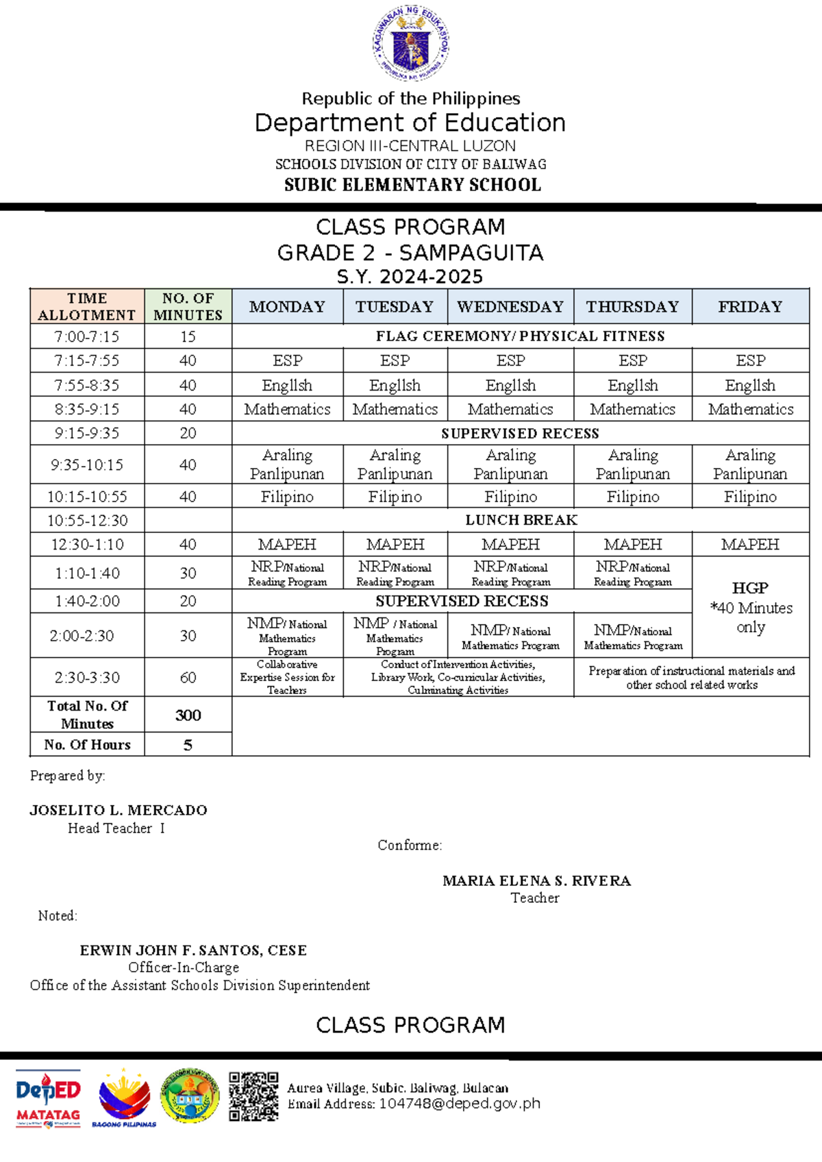 Class Program Grade 2 - for reference purpose only - Aurea Village ...