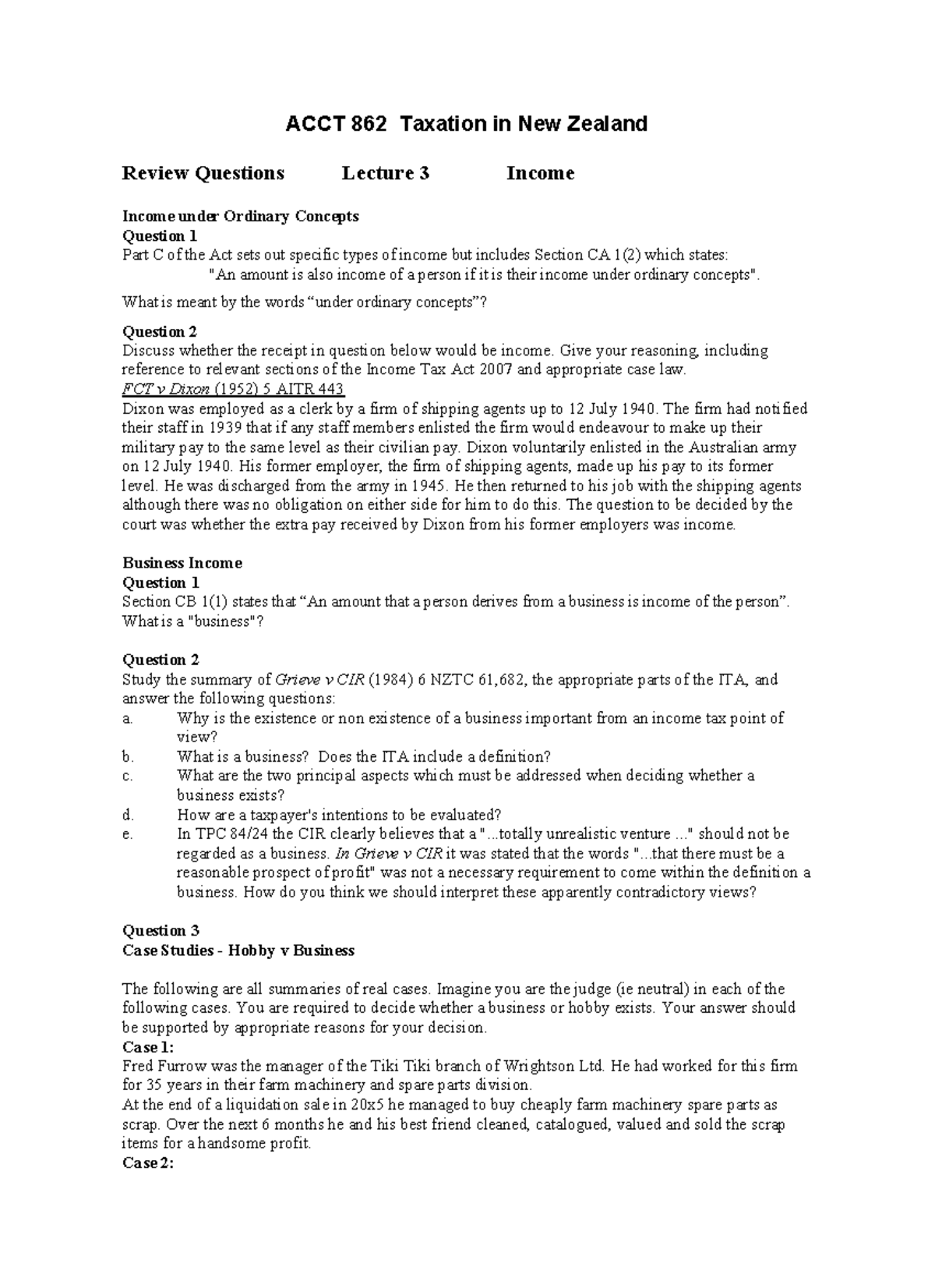 Review W3 Qs WORKSHOP QUESTIONS AND ANSWERS - ACCT 862 Taxation in New Zealand Review Questions ...