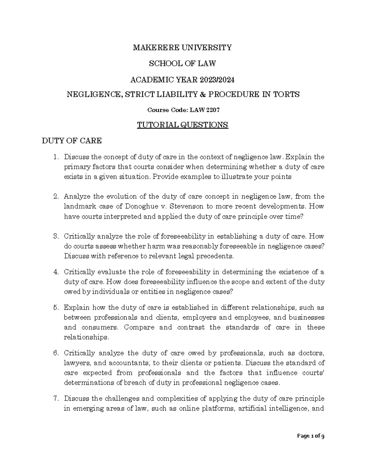 Negligence Tutorial Questions - MAKERERE UNIVERSITY SCHOOL OF LAW ...