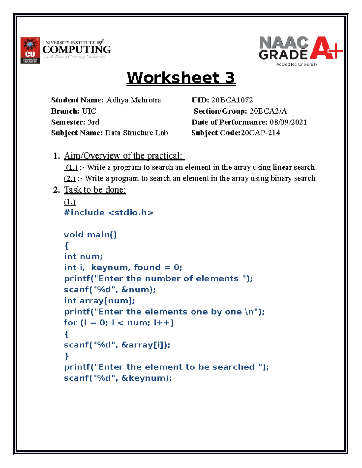 DS Lab worksheet 3 - Nice - Bachelors of Computer Applications - Studocu