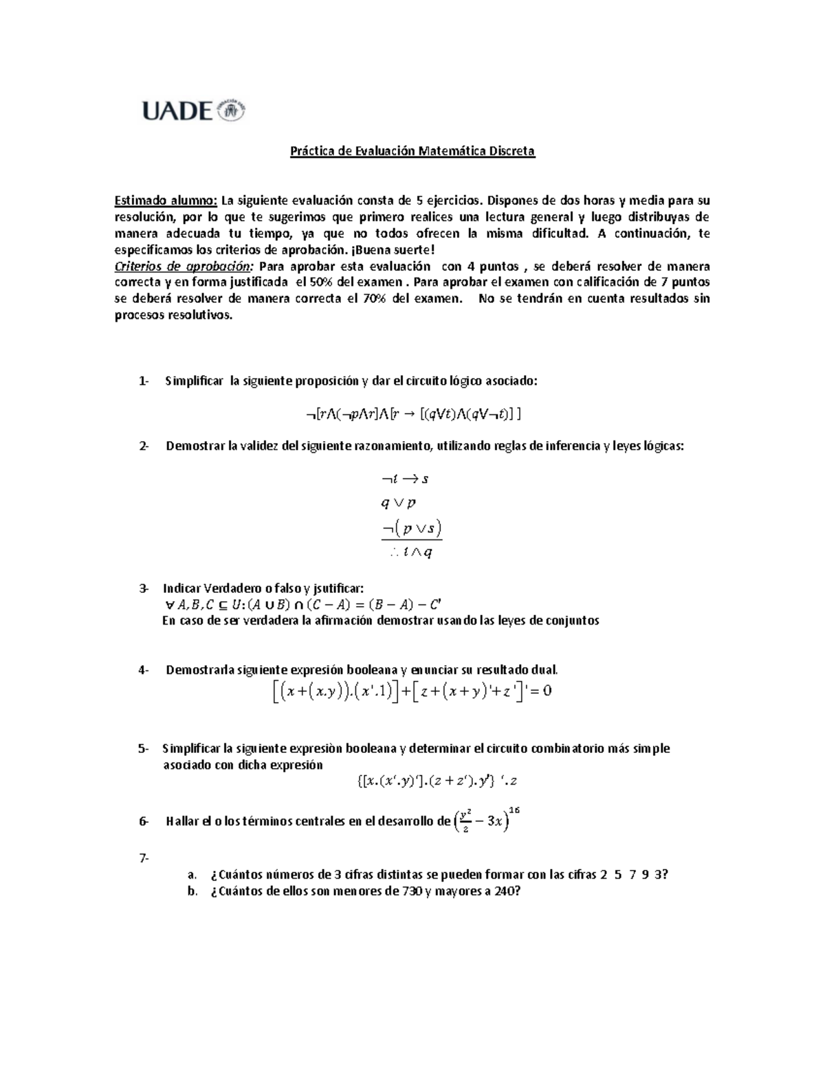 Pràctica de Evaluaciòn Primer Parcial - Práctica de Evaluación Matemática Discreta Estimado ...