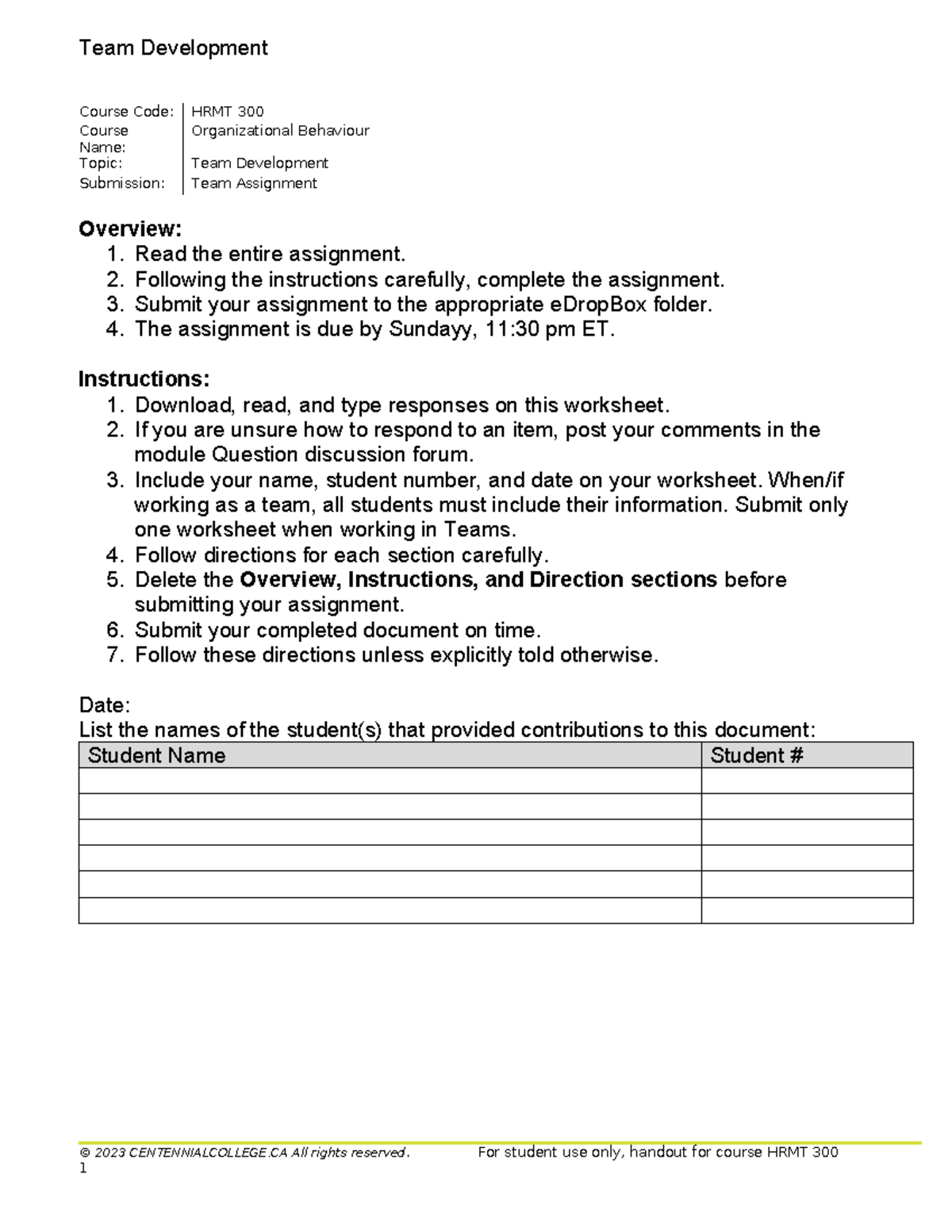 HRMT 300 Team Development -W2024 - Team Development Course Code: HRMT ...