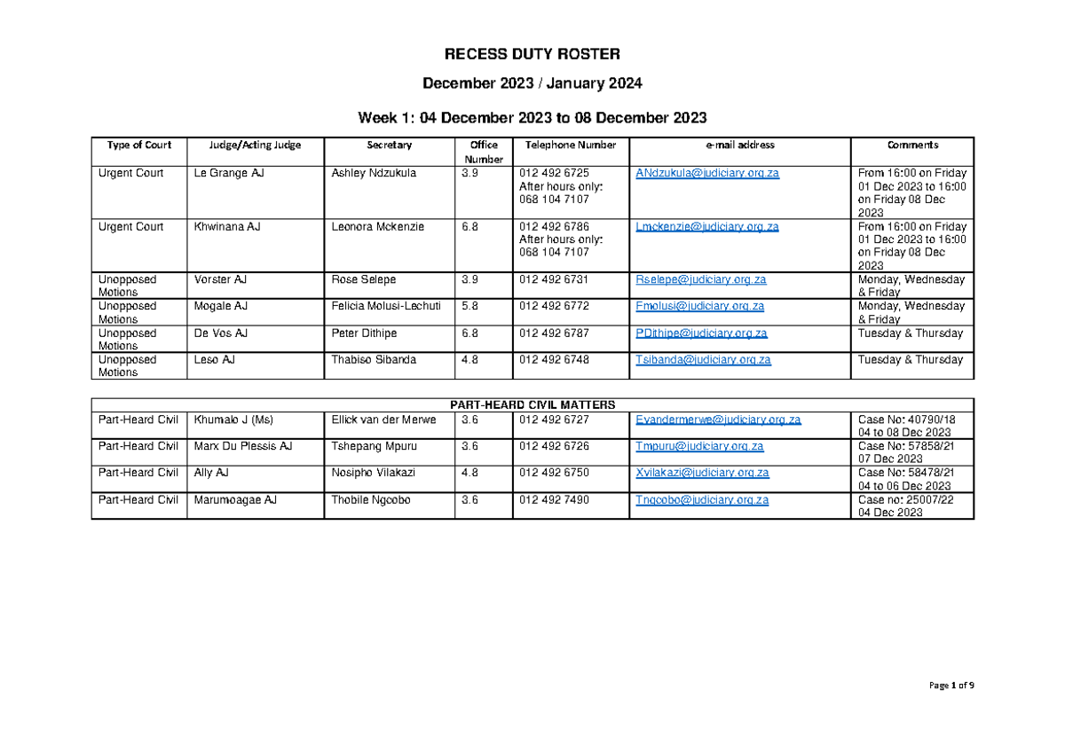 HCGD - Recess Roster - Dec 2023 to Jan 2023 - December 2023 / January ...