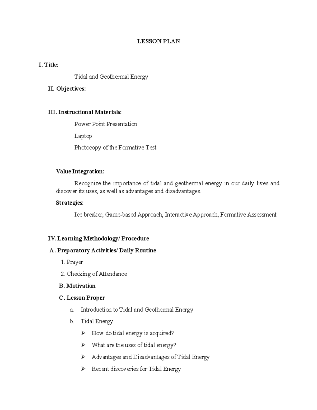 Lesson PLAN Tidal AND Geothermal Energy - LESSON PLAN I. Title: Tidal ...