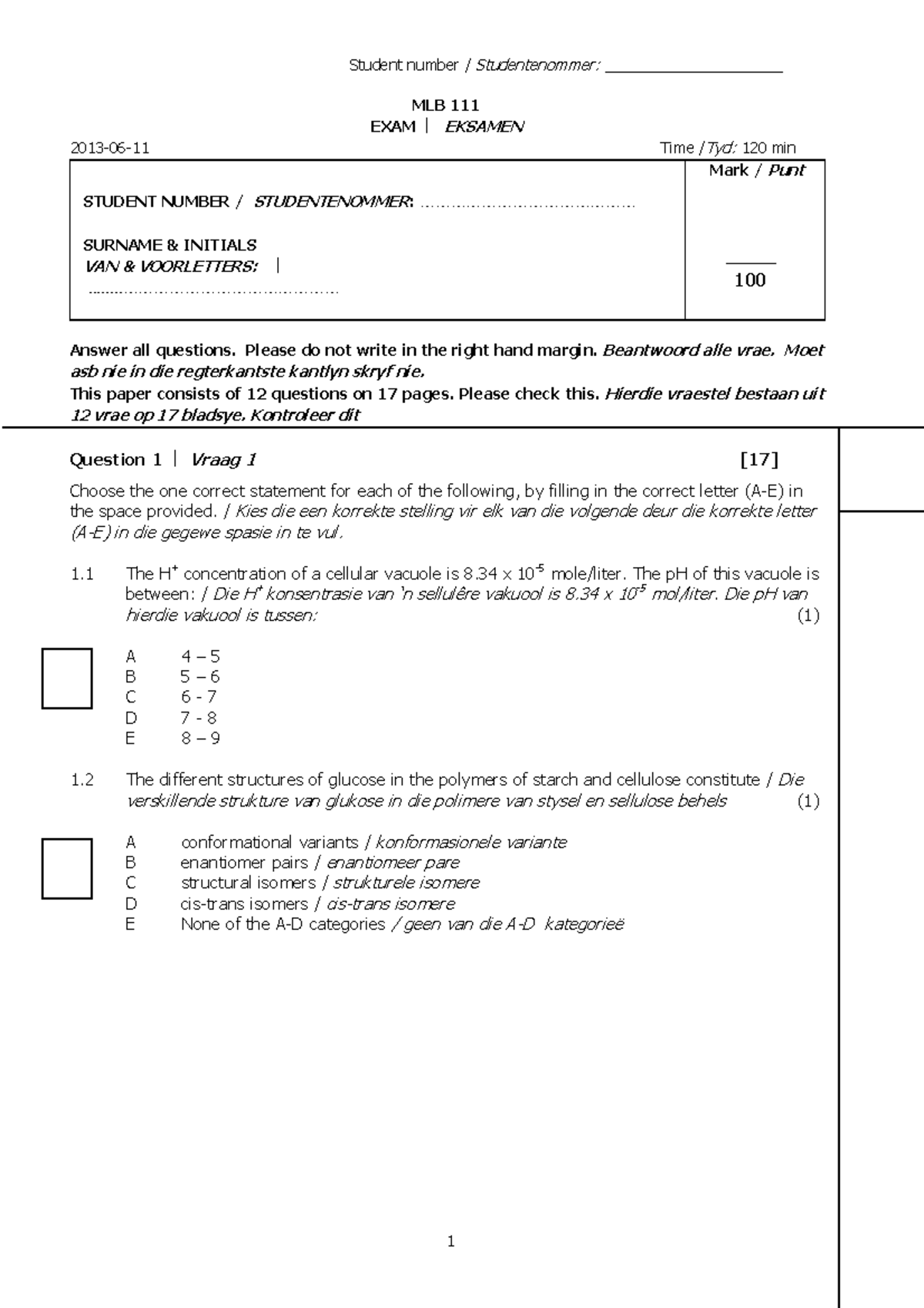 Exam 6 November 2013, questions - Student number / Studentenommer ...