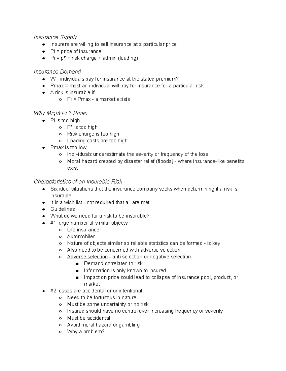 Risk Topic 9 Notes - Insurance Supply Insurers are willing to sell ...
