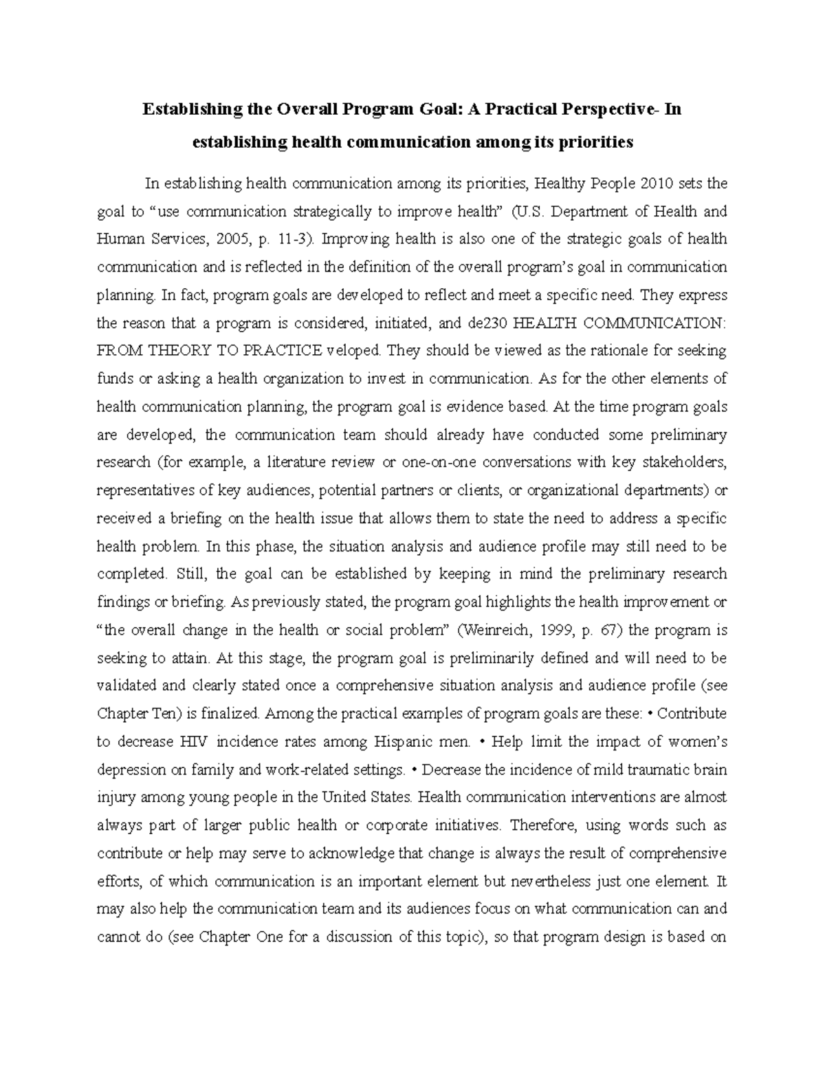 Establishing the Overall Program Goal-A Practical Perspective ...