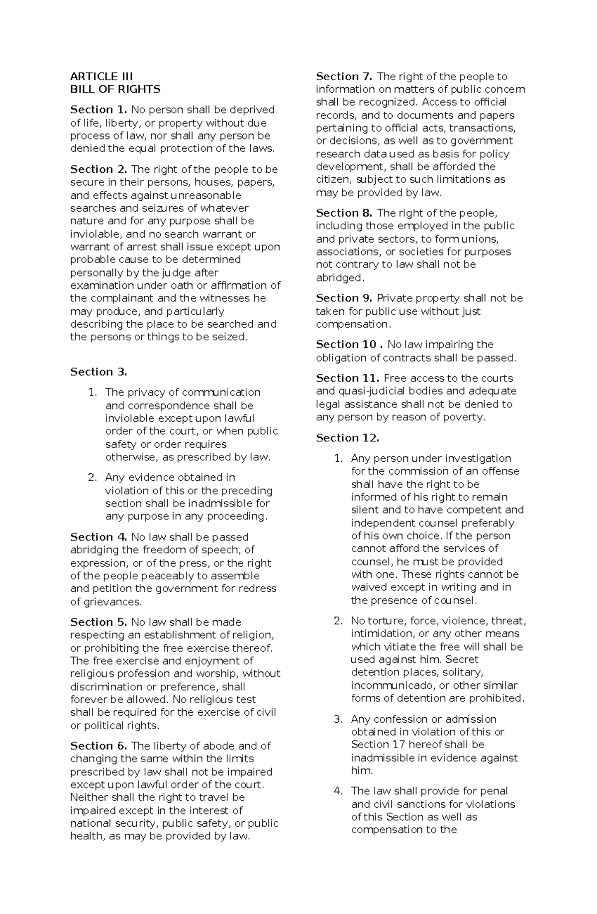 Article III Bill of Rights codal - ARTICLE III BILL OF RIGHTS Section 1 ...