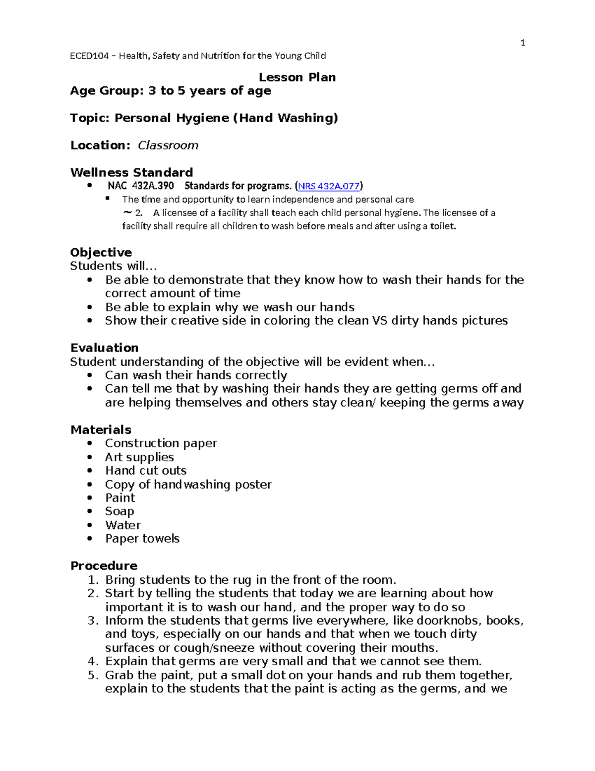 Personal Hy Lesson PLAN - 1 ECED104 – Health, Safety and Nutrition for ...