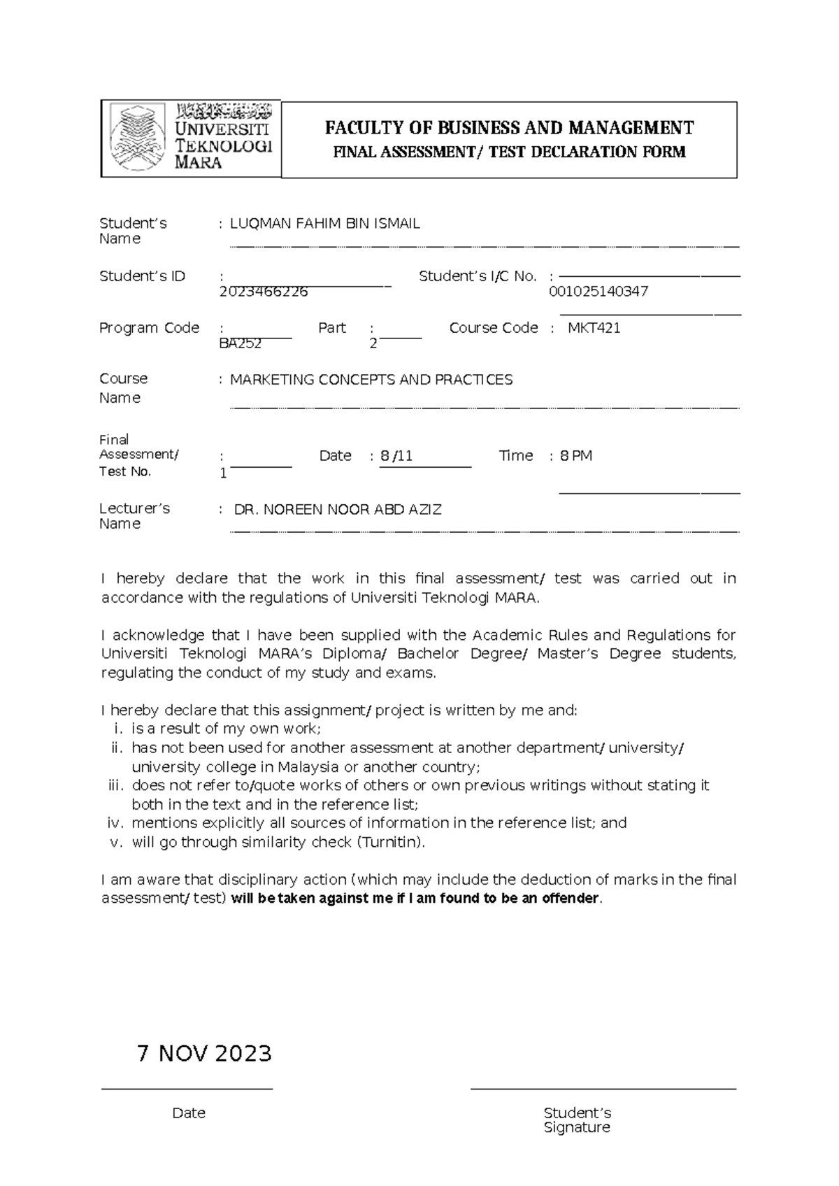 Final Assessment Test Declaration Form 2021 - Student’s Name : LUQMAN ...