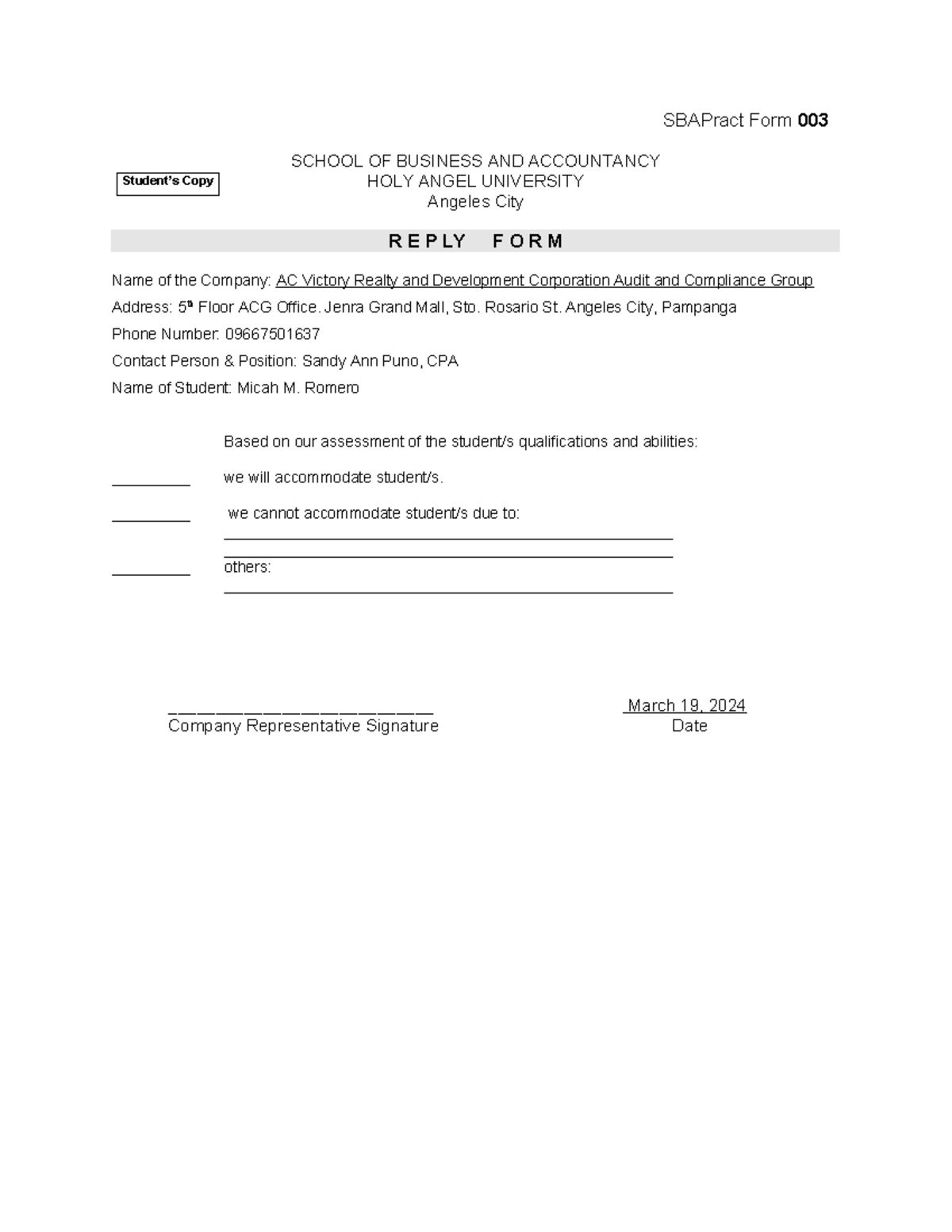 SBAPract Form 003 Reply Form - SCHOOL OF BUSINESS AND ACCOUNTANCY HOLY ...