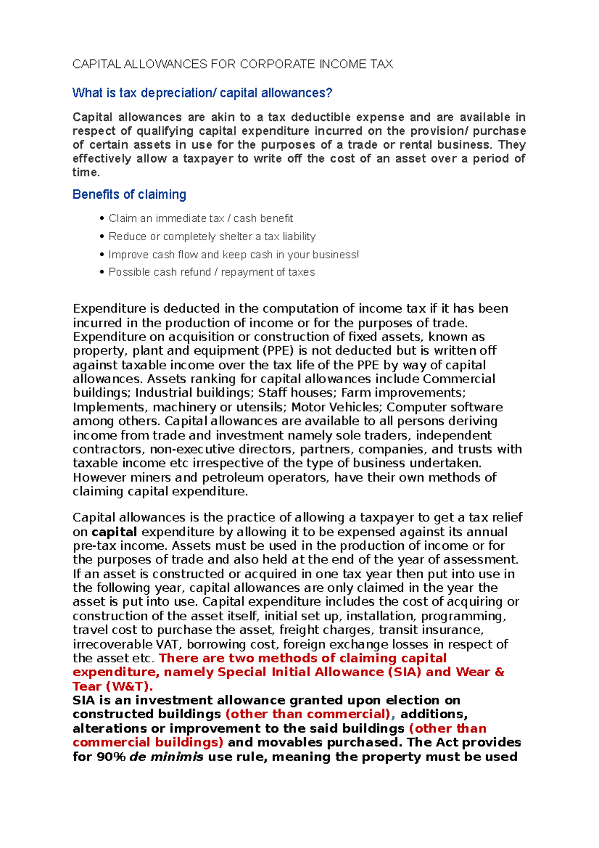 Capital Allowances FOR Corporate Income TAX - CAPITAL ALLOWANCES FOR ...