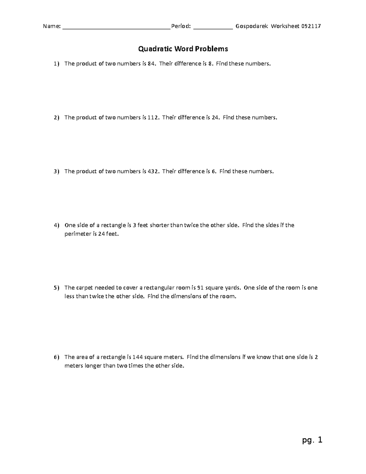 Quadratic Word Problems - Name ...