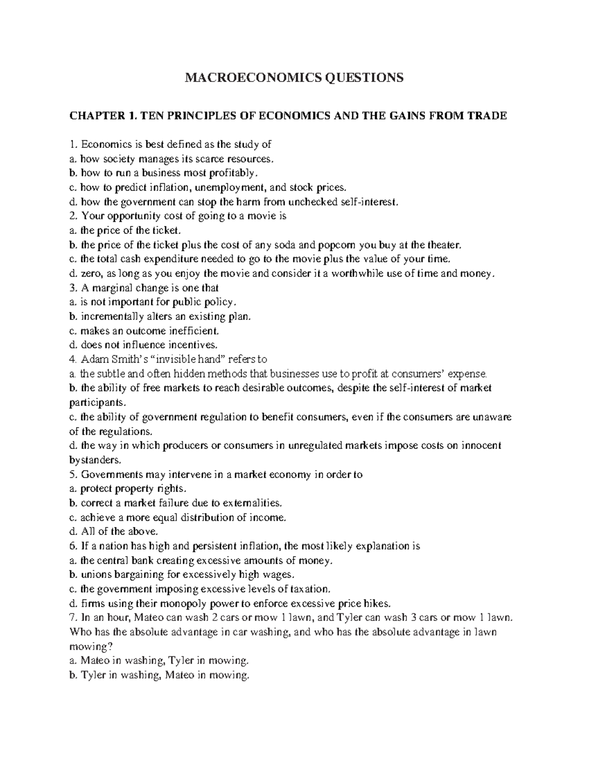 Macroeconomics Questions TO Students - MACROECONOMICS QUESTIONS CHAPTER ...