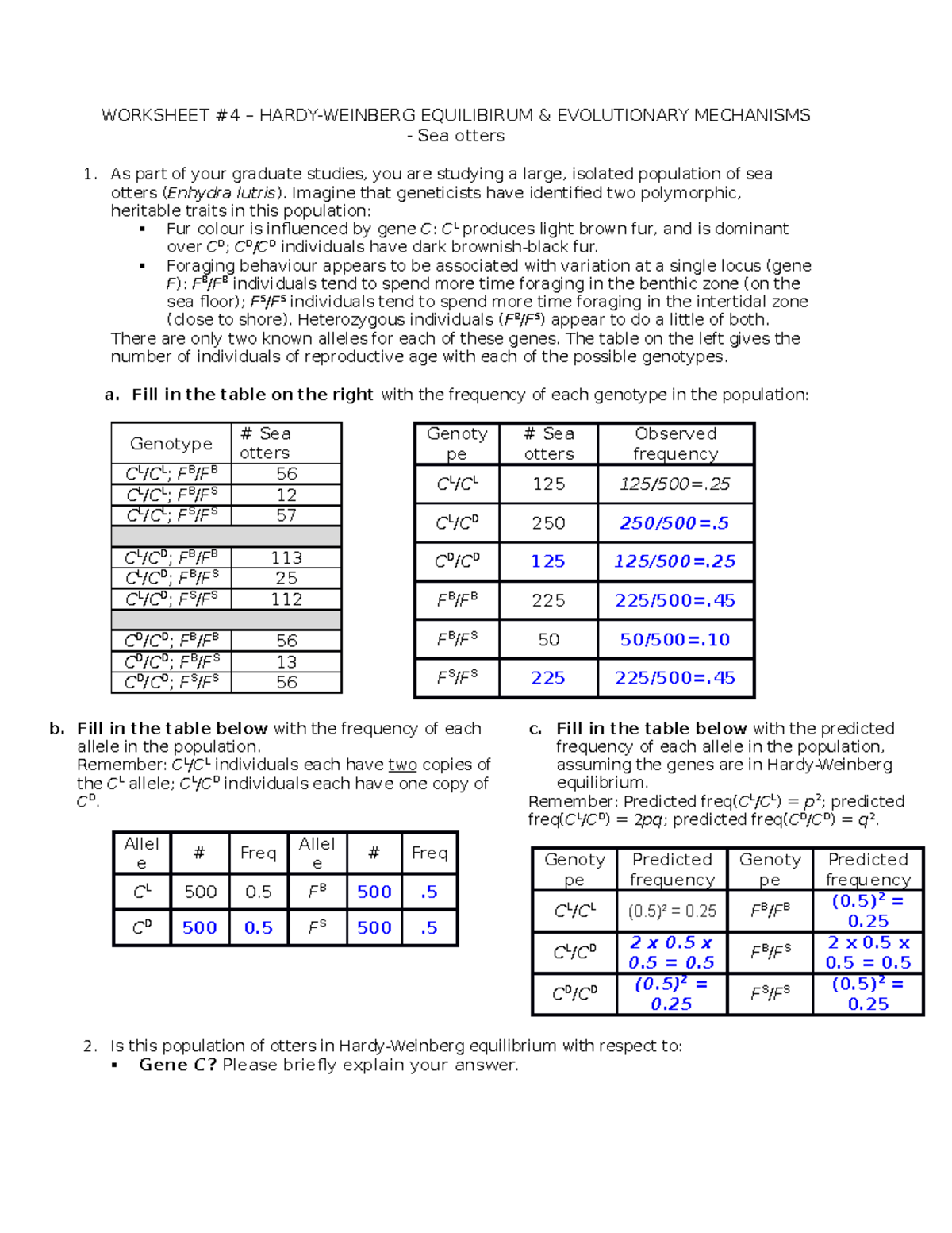 Worksheet 8 - Hardy Weignberg Equilibrium and the Mechanisms of ...