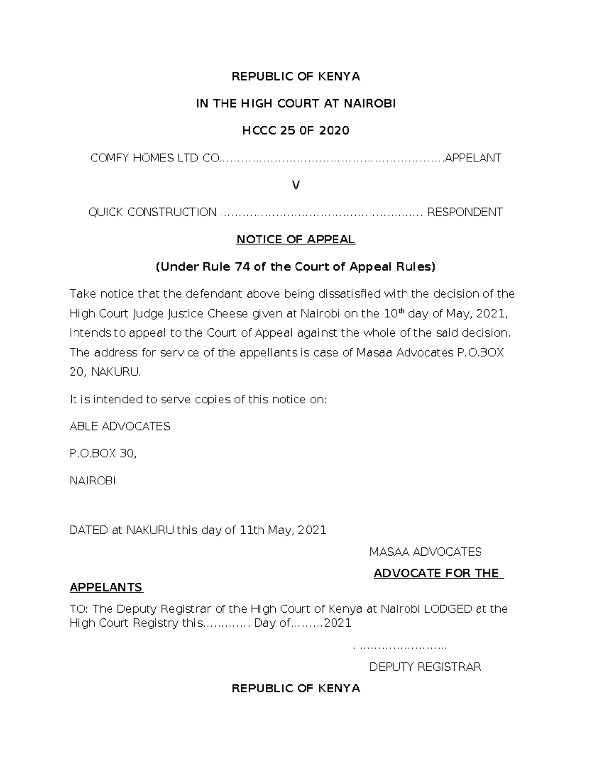 Appeals - REPUBLIC OF KENYA IN THE HIGH COURT AT NAIROBI HCCC 25 0F ...