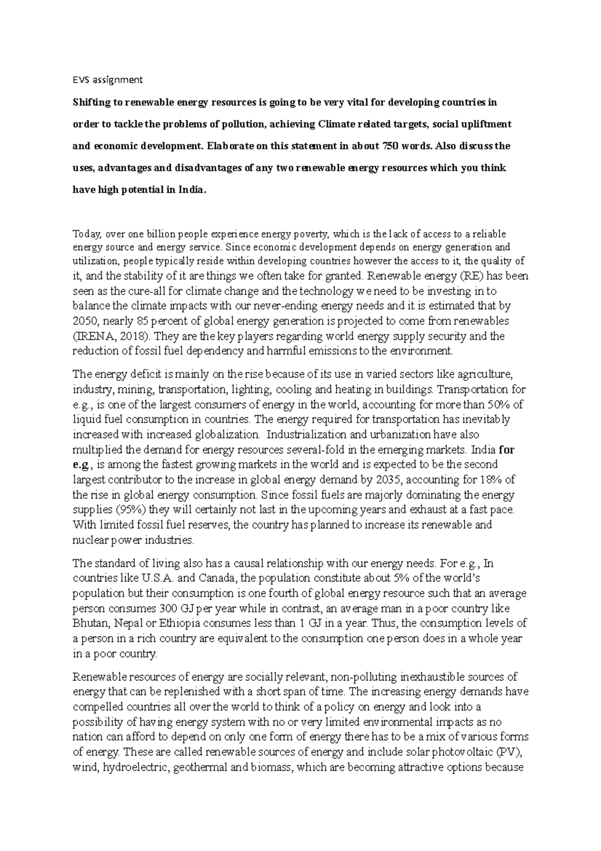 Evs assignment 2 - EVS assignment Shifting to renewable energy resources is going to be very ...