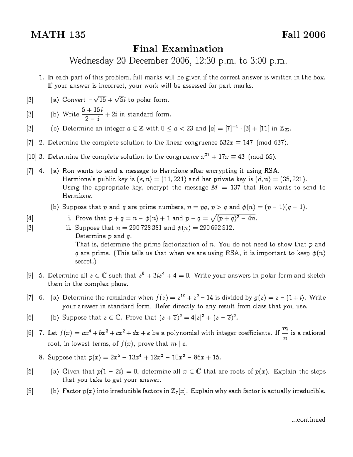 University of Waterloo Math135 Final Exam 2006 Fall - MATH 135 Fall ...