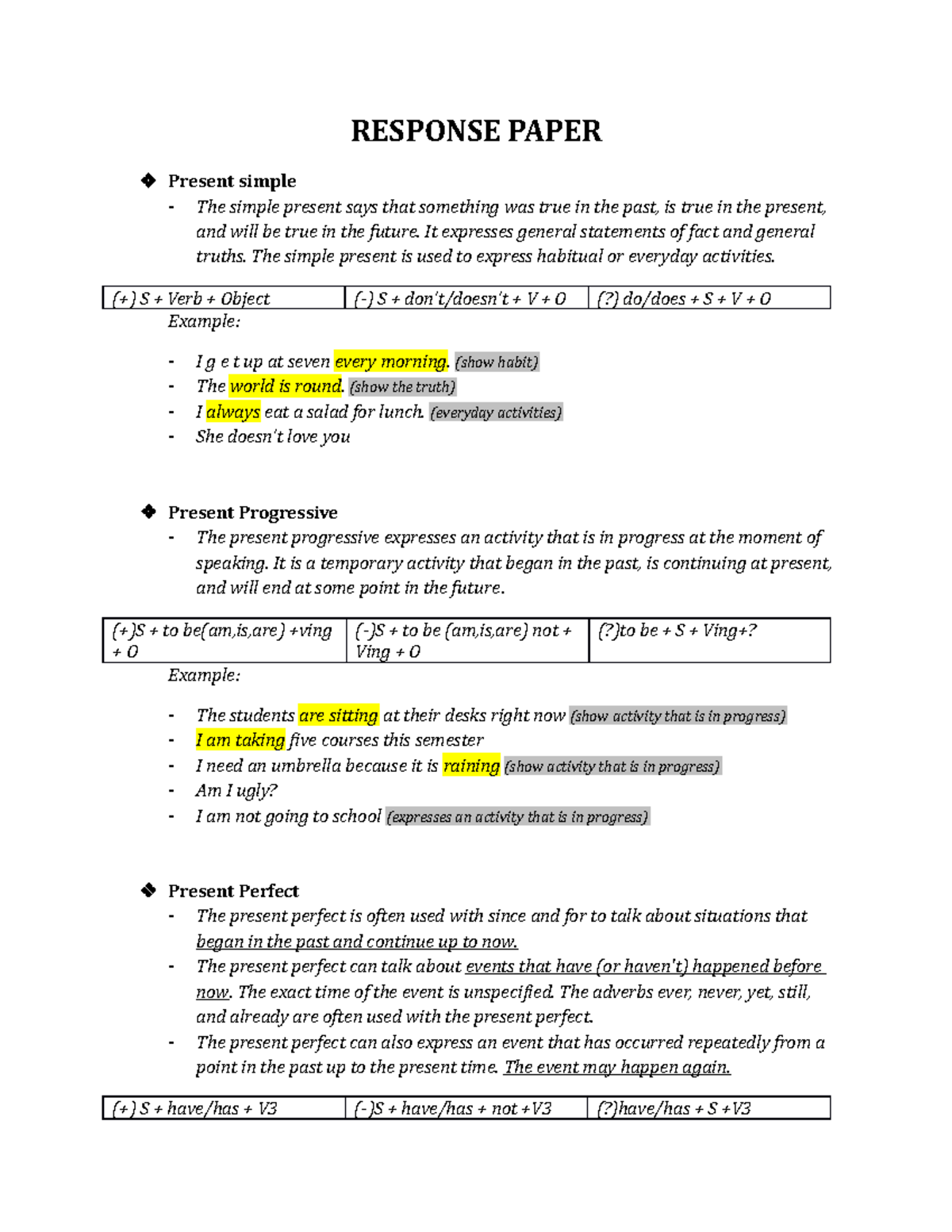 Present Simple, Present Progressive, Present Perfect, Present Perfect ...
