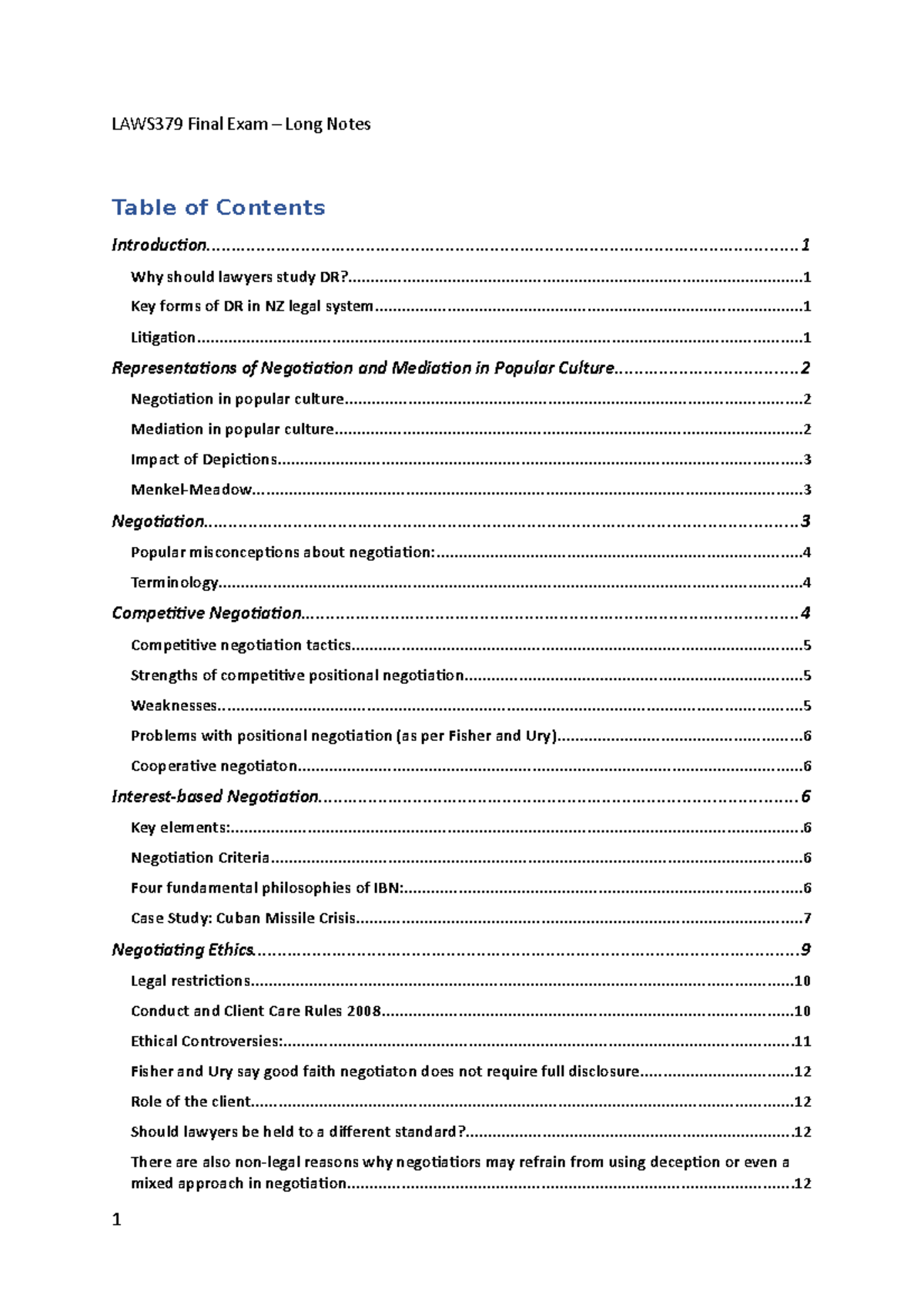 LAWS379 Negotiation Final Notes - LAWS379 Final Exam – Long Notes - Studocu
