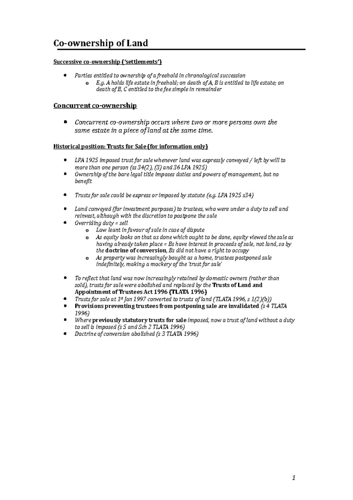 14 Co-ownership - land law - 1 Co-ownership of Land Successive co ...