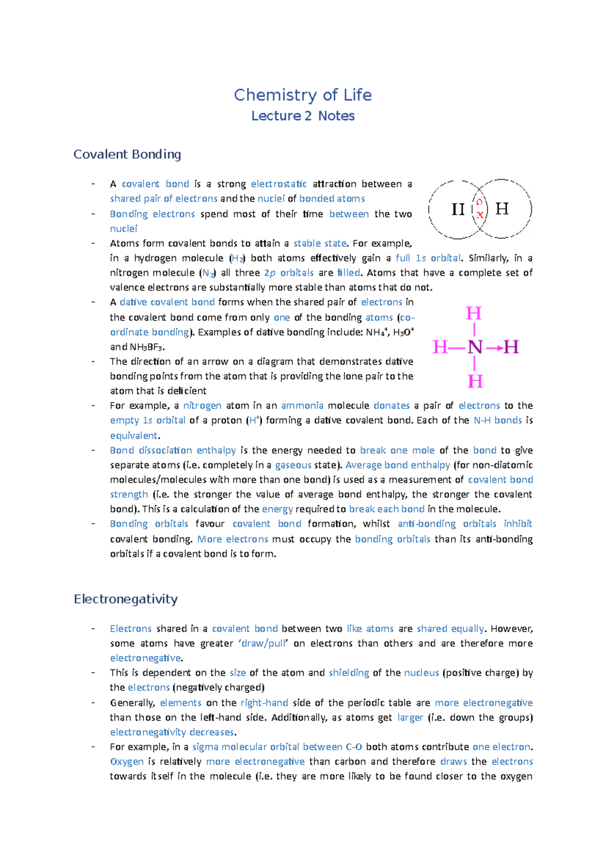 Lecture 2 Notes (Electrons and Bonding) - Chemistry of Life Lecture 2 ...