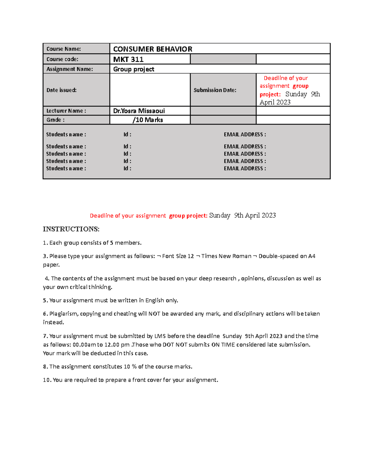 Assignment MKT 311 Consumer Behavior - Course Name: CONSUMER BEHAVIOR ...