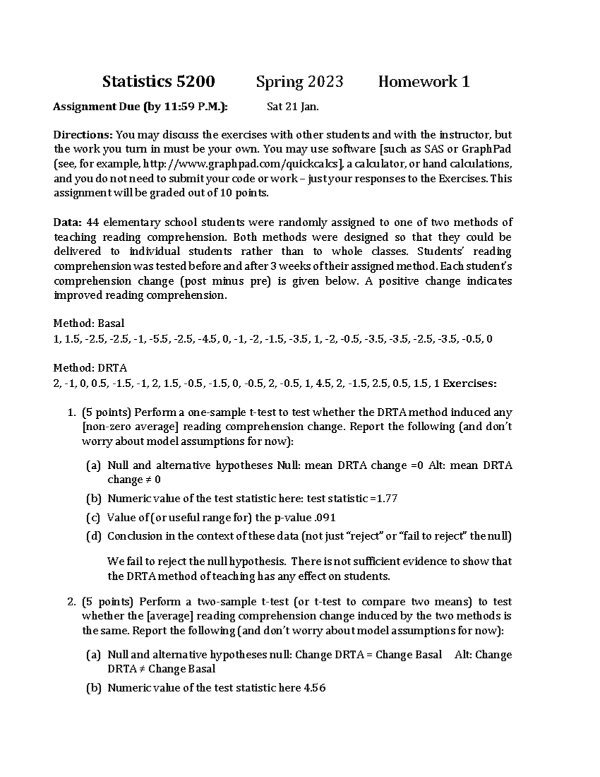 Homework 1 With solutions - Statistics 5200 Spring 2023 Homework 1 Assignment Due (by 11:59 P ...