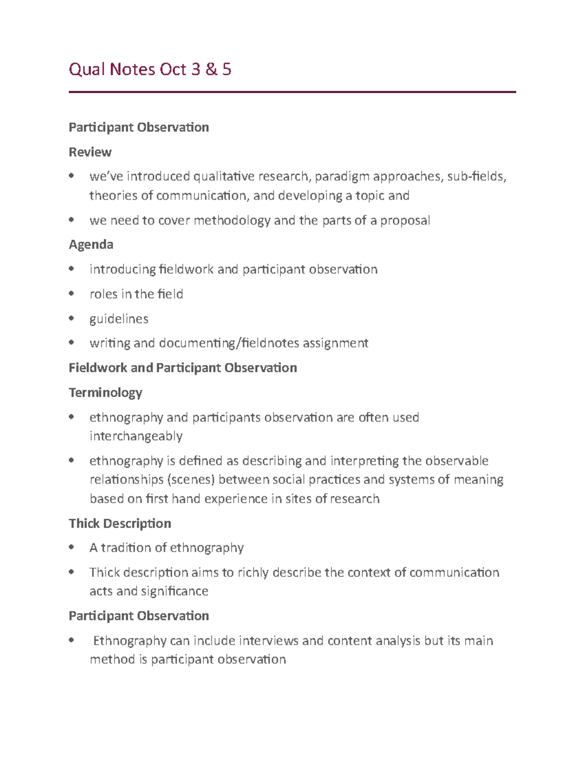 Qual Notes Oct 3 5 - • introducing fieldwork and participant ...
