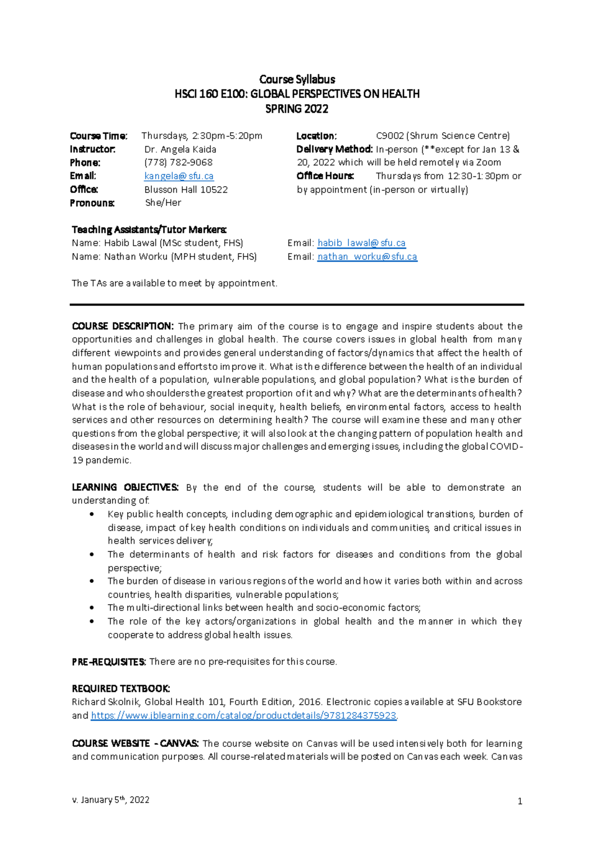 Course Syllabus - Course Syllabus HSCI 160 E 100 : GLOBAL PERSPECTIVES ...