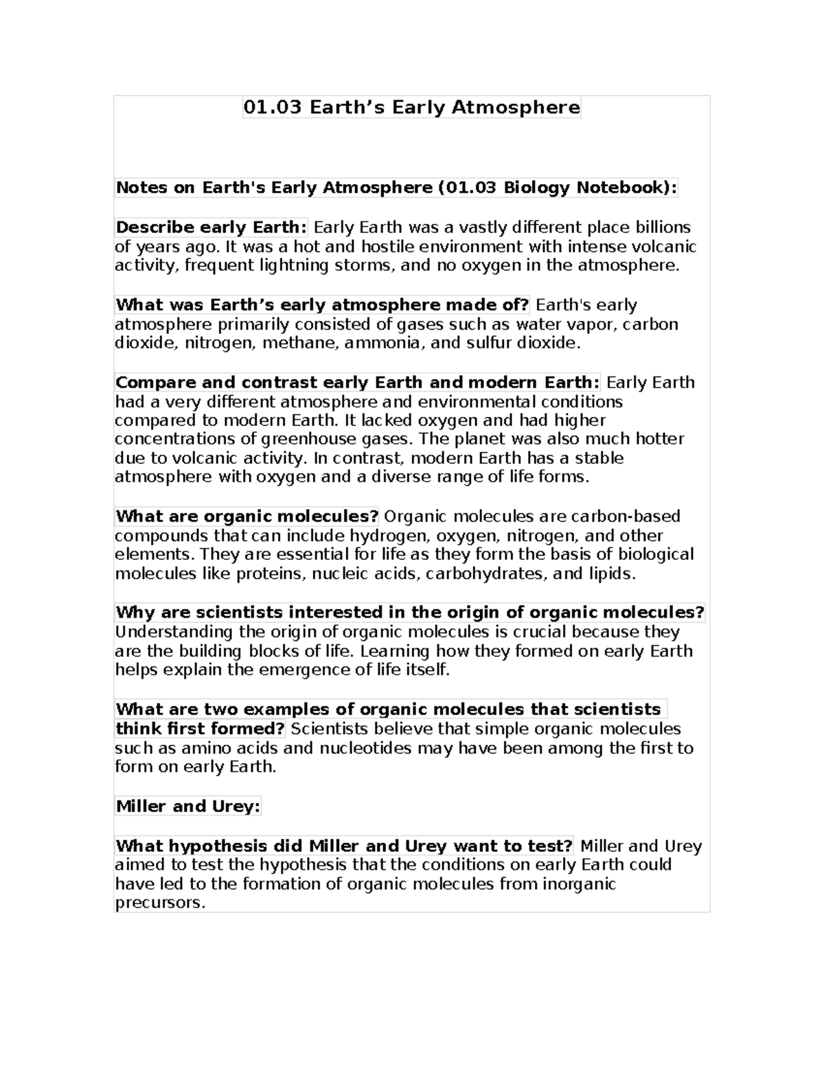 01.03 Earth's Early Atmosphere - 01 Earth’s Early Atmosphere Notes on ...