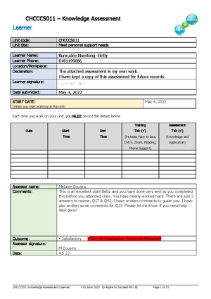 Chcccs 031 - Knowledge Done - CHCCCS 031 – Knowledge Assessment Learner ...