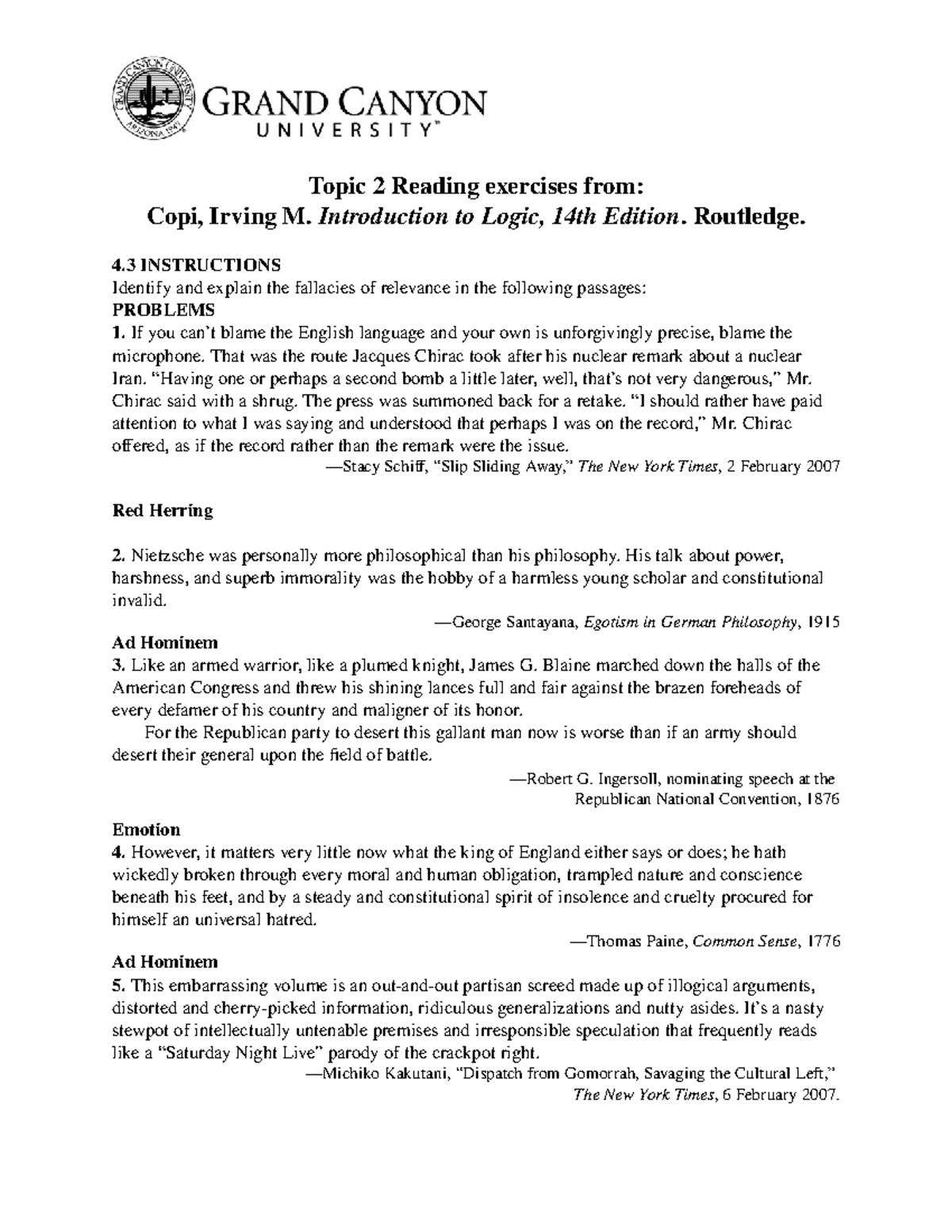 COM362 T2 Reading Exercises - Topic 2 Reading exercises from: Copi, Irving M. Introduction to ...
