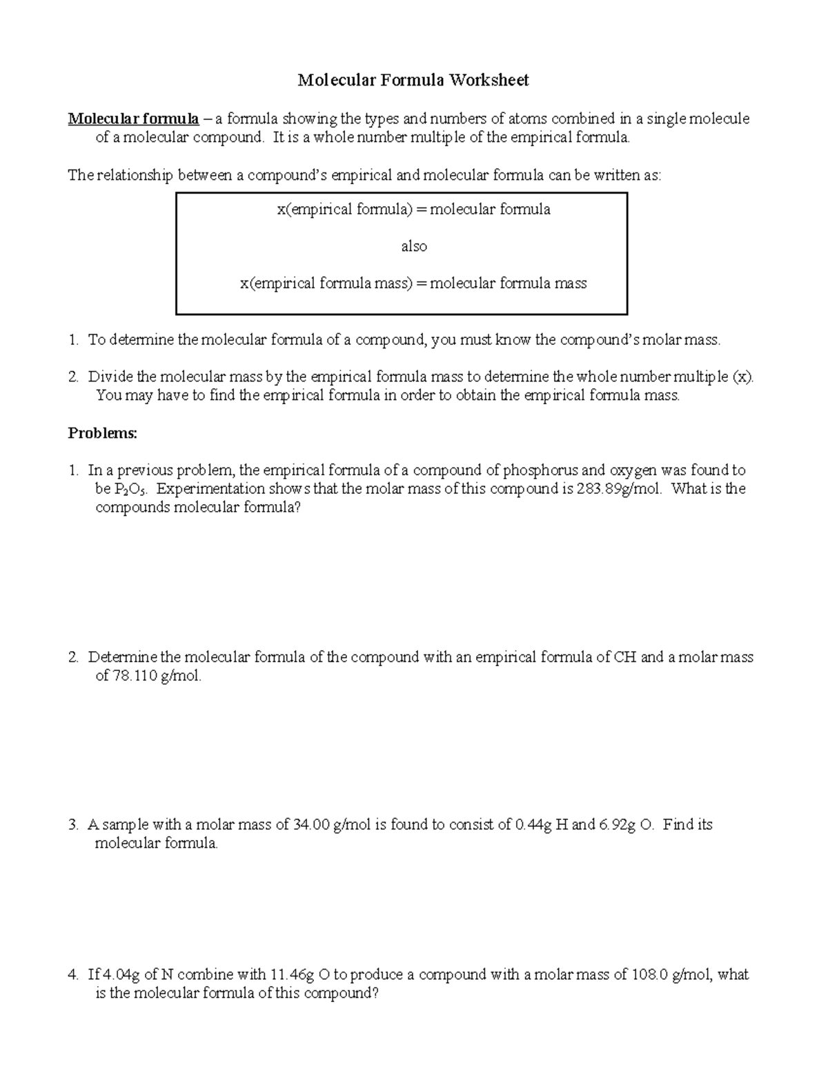 Molecular formula practice - Molecular Formula Worksheet Molecular ...