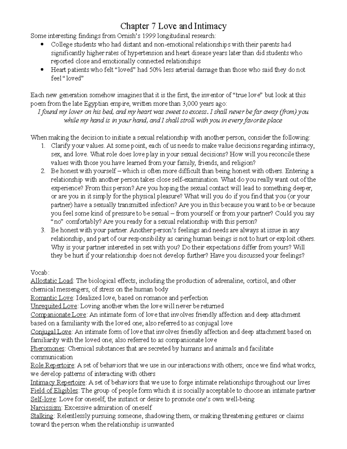 Chapter 7 Love and Intimacy Notes - Chapter 7 Love and Intimacy Some ...