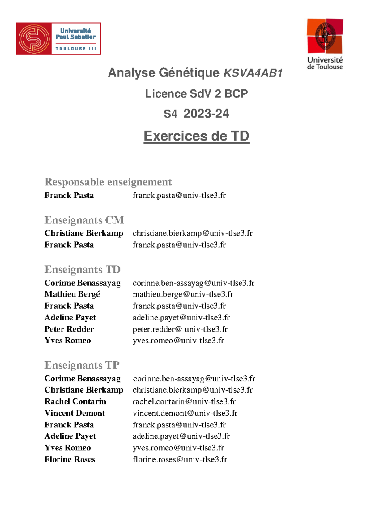Fascicule Td L2 BIOL 2024 DEF - Analyse Génétique KSVA4AB Licence SdV 2 BCP S4 2023 - 24 ...