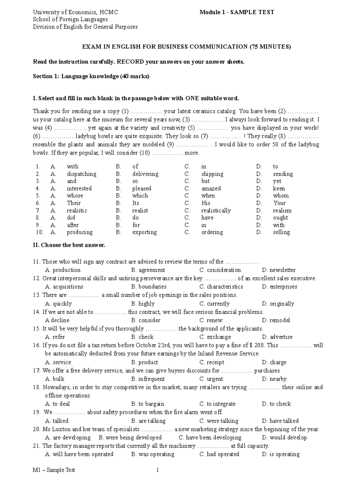 Sample TEST - HP1 - great - University of Economics, HCMC Module 1 ...