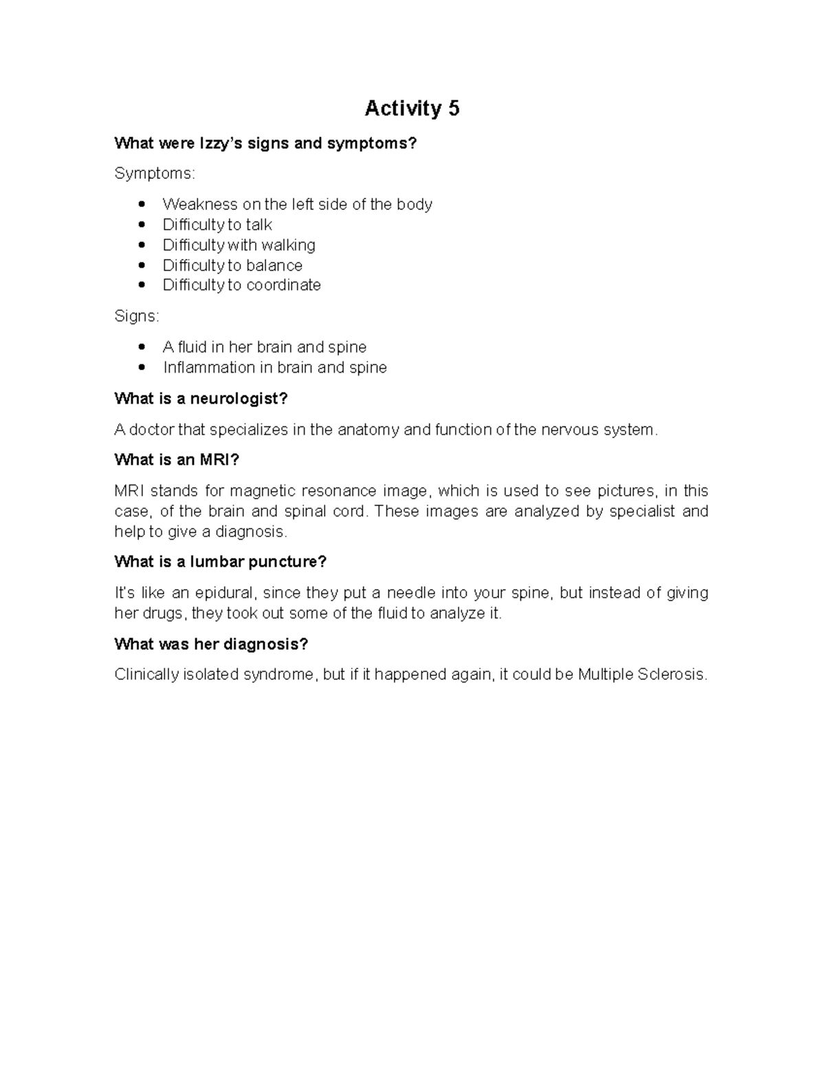 Activity 5 - gysathnfjgk - Activity 5 What were Izzy’s signs and ...