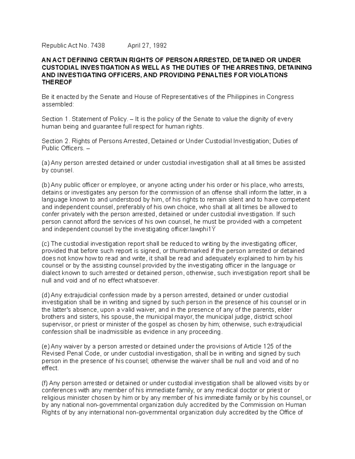 Republic Act No 7438 - Ra no. 7438 - Republic Act No. 7438 April 27 ...