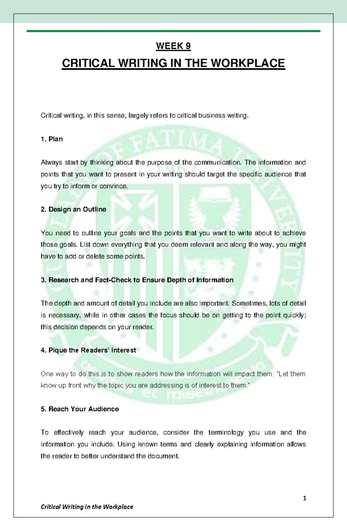 Week 9 - Critical Writing IN THE Workplace - 1 WEEK 9 CRITICAL WRITING ...