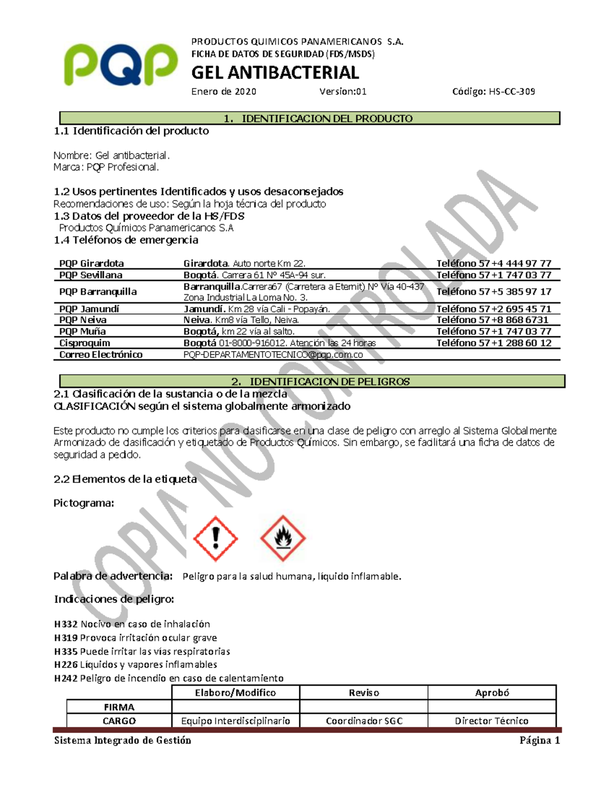 FDS - Gel Antibacterial - PRODUCTOS QUIMICOS PANAMERICANOS S. FICHA DE ...