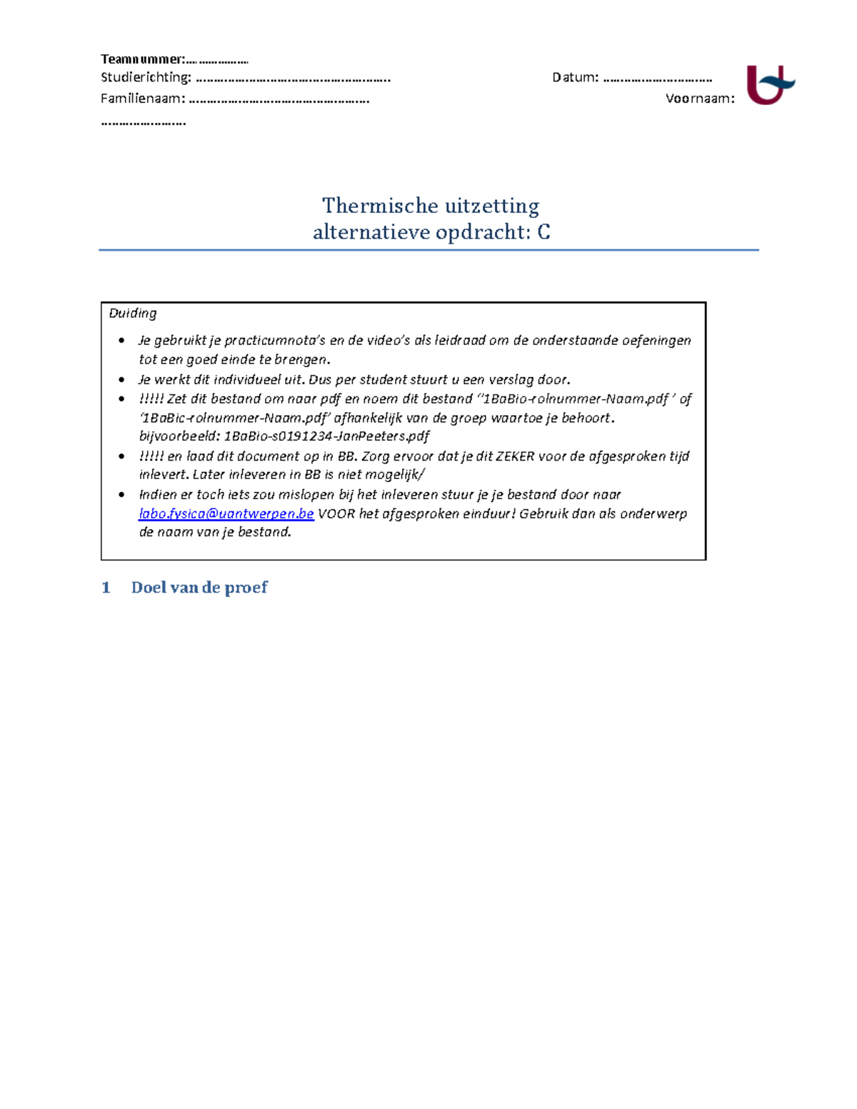 Template thermische uitzetting invulblad C - Studierichting: - Studocu